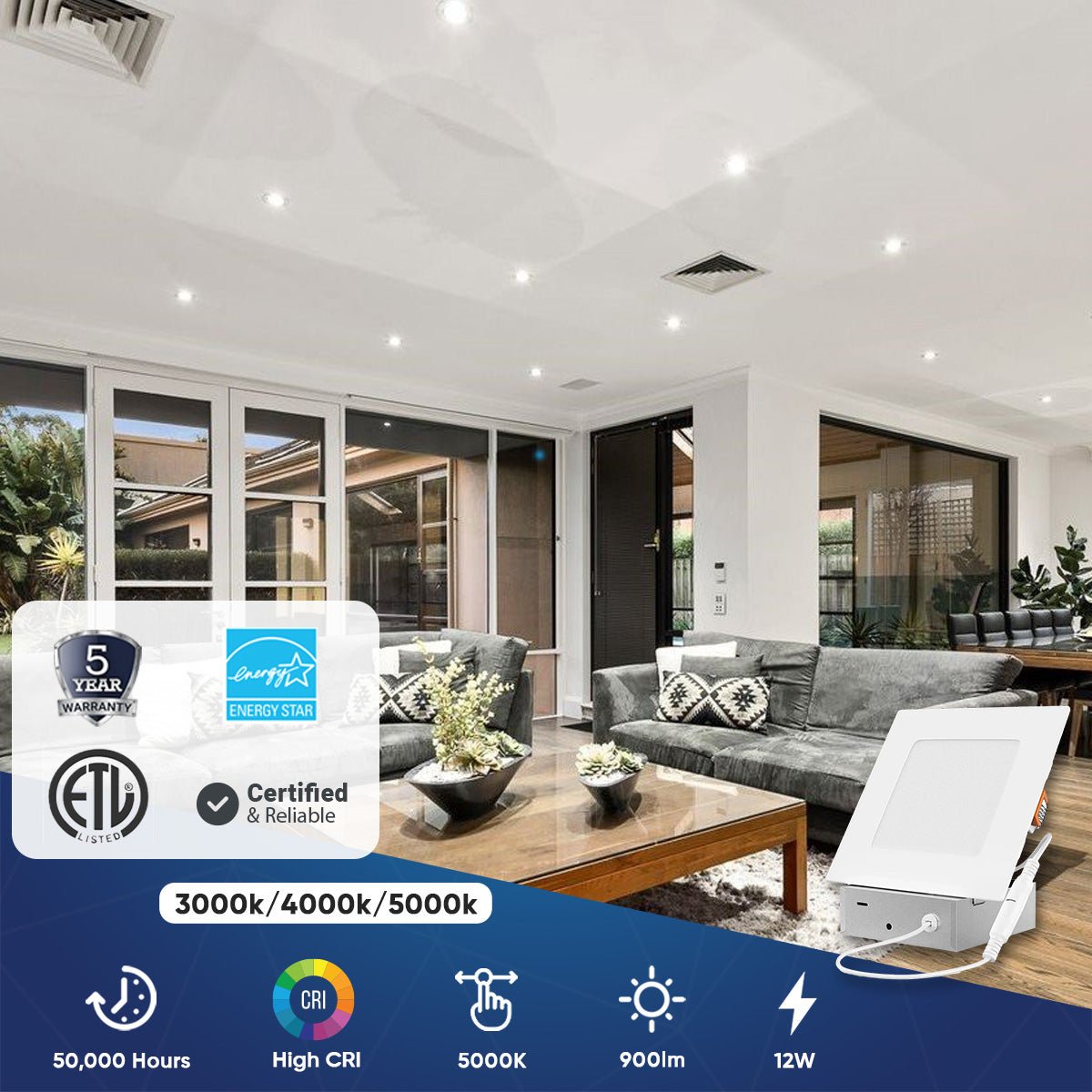 6 inch Square LED Recessed Lighting with Junction Box, 12W, 900LM, Dam ...